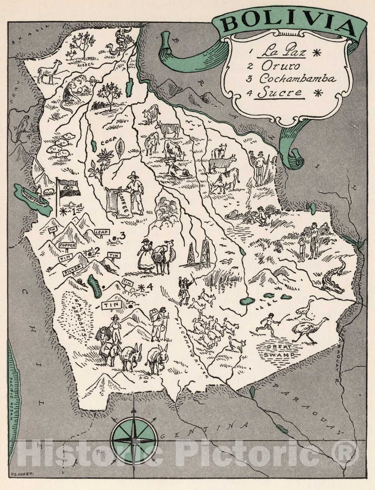 Historic Wall Map : School Atlas Map, Bolivia. 1941 - Vintage Wall Art ...