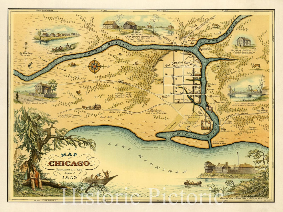 Historic Map of Chicago, Illinois (IL), 1833 - Vintage Wall Art ...