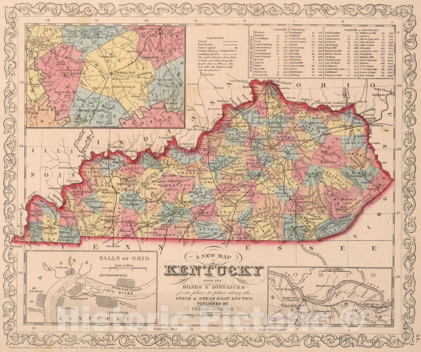 Historic Map : A New Map of Kentucky : Published by Charles Desilver ...