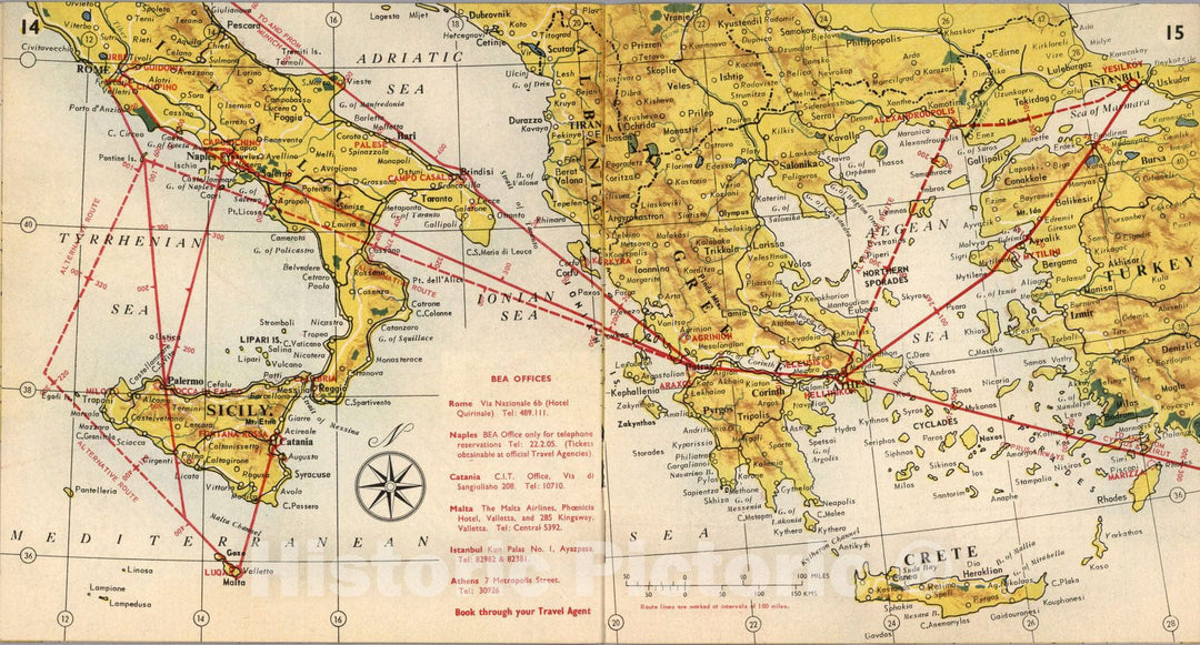 Historic Map : BEA route map : Rome and Munich to Turkey, 1954 - Vinta ...