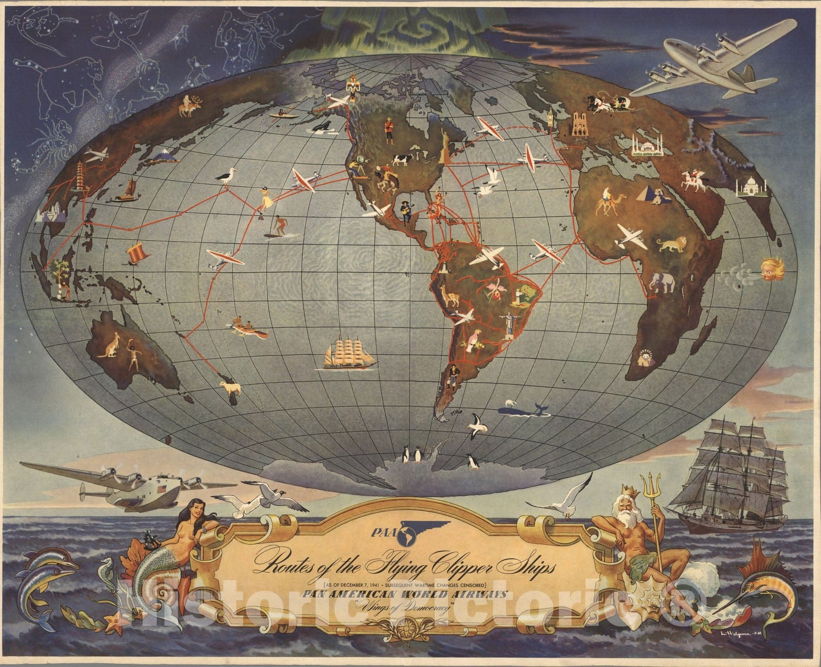 Historic Map : Routes of the Flying Clipper Ships. 1941 v1 - Vintage W ...