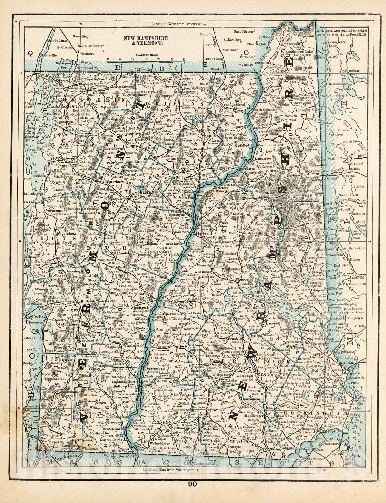 Historic Map : World Atlas Map, New Hampshire and Vermont 1893 - Vinta ...
