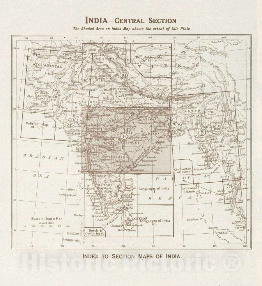 Historic Wall Map : Index Map: India - Central Section. Index to Secti ...