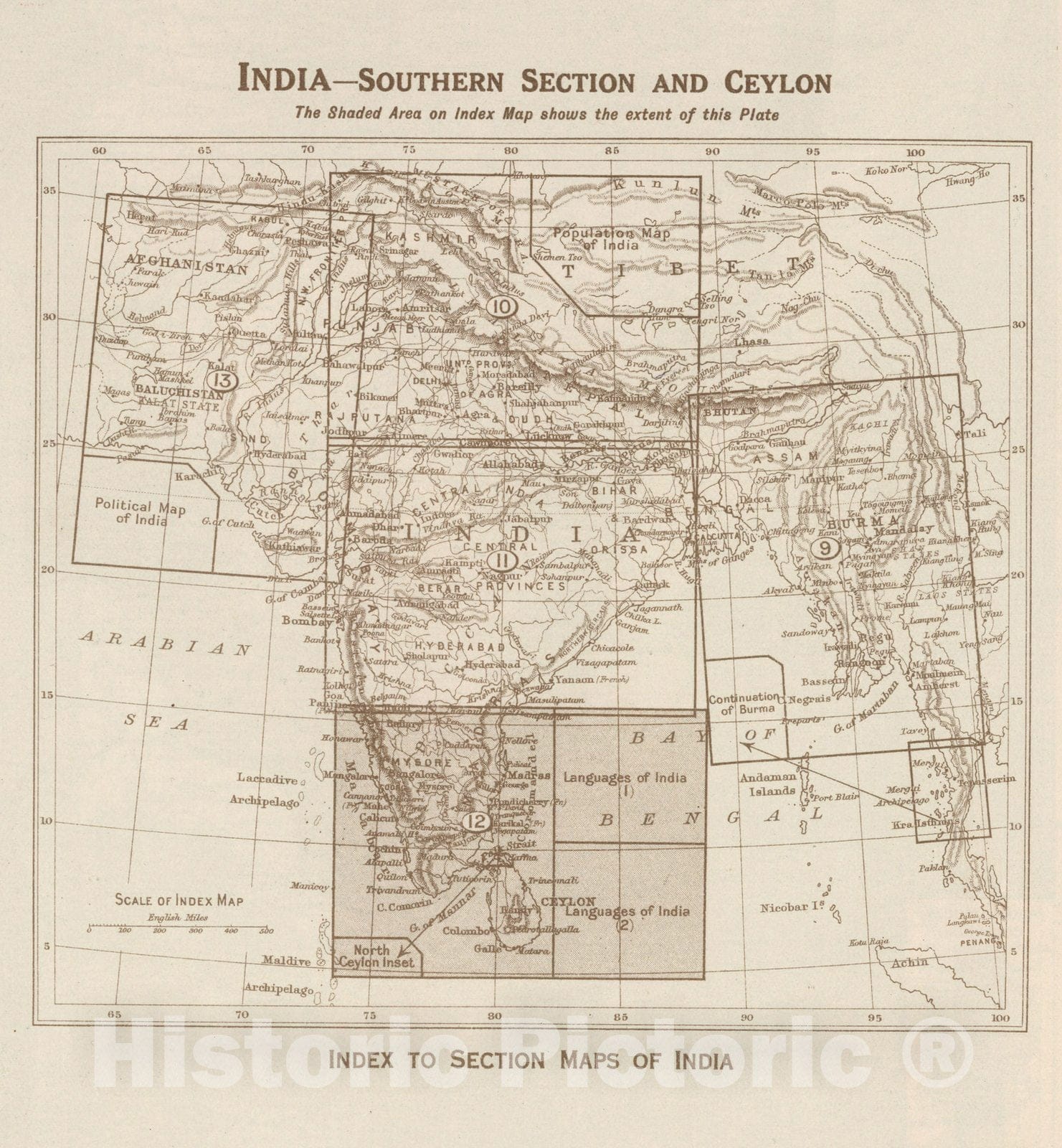 Historic Wall Map : Index Map: India - Southern Section and Ceylon. In ...