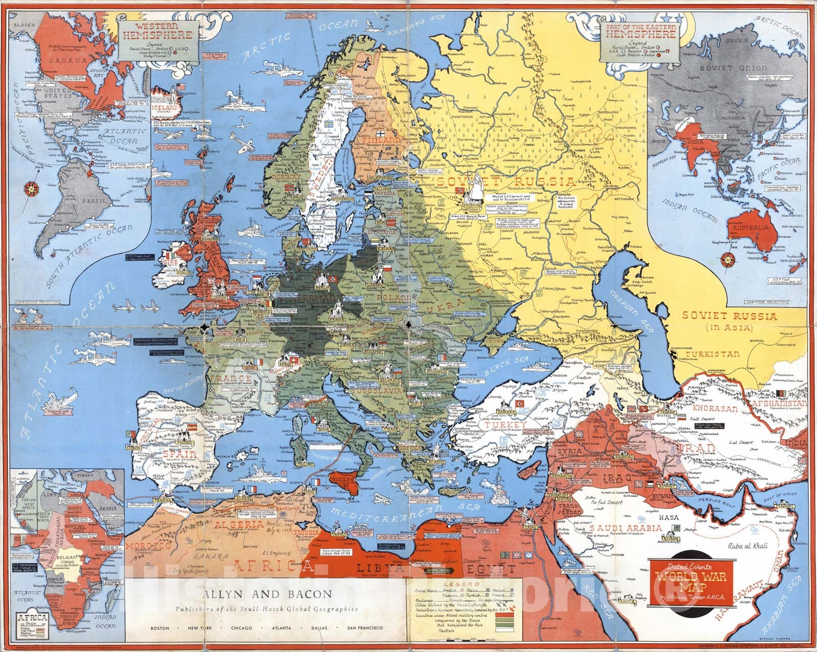 Historic Map - Dated events, War map by Stanley Turner, 1944, - Vintag ...