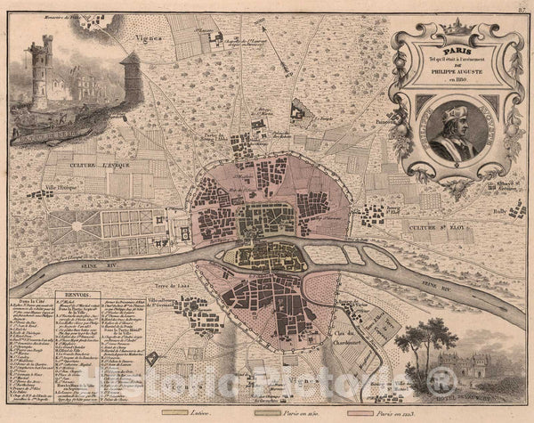 Historic Map : Paris in 1180. 1869 - Vintage Wall Art - Historic Pictoric