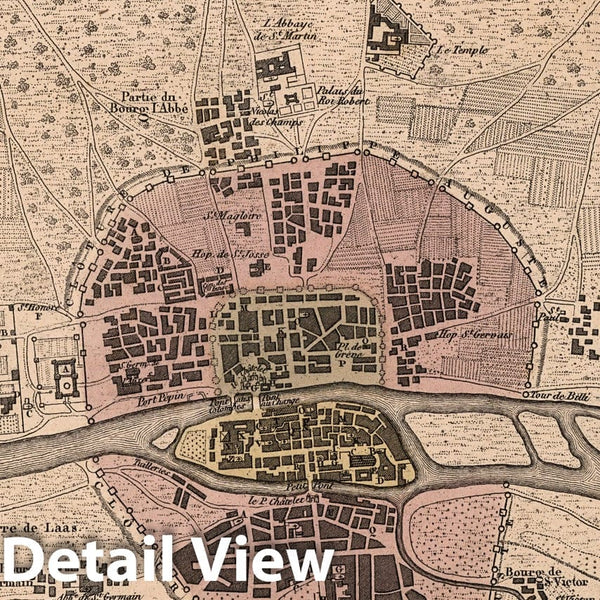 Historic Map : Paris in 1180. 1869 - Vintage Wall Art - Historic Pictoric