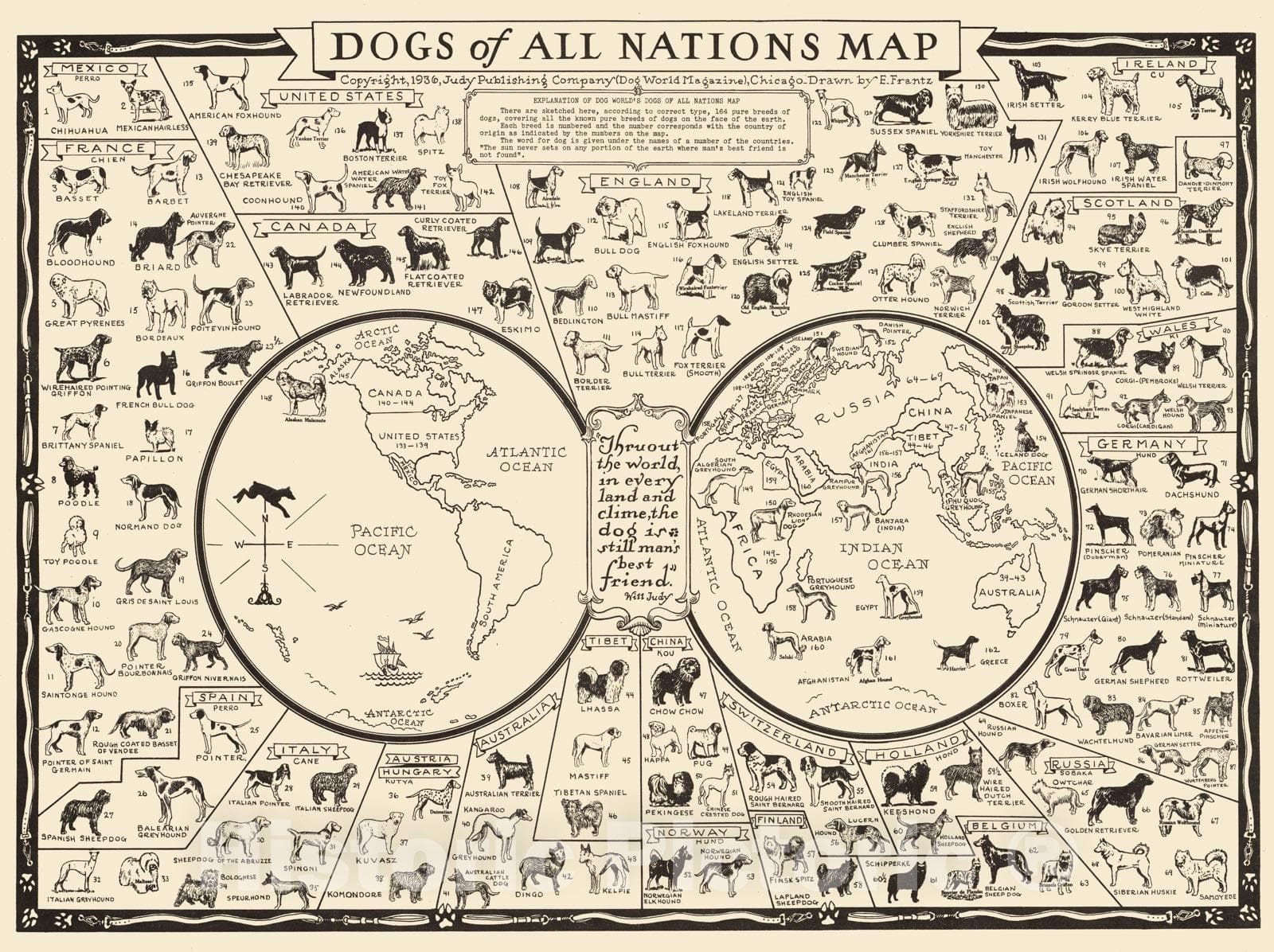 Historic Map - Dogs of All Nations Map, 1936, - Vintage Wall Art ...