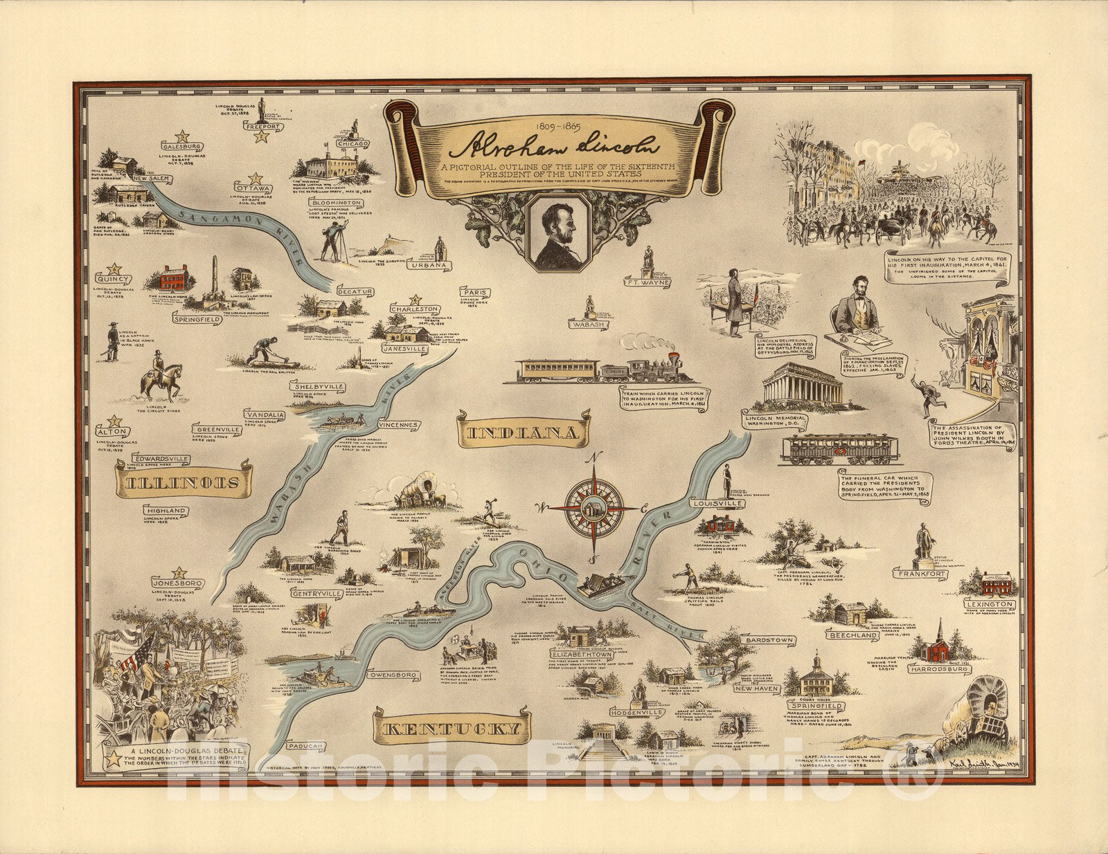 Historic Map : Abraham Lincoln, 1809-1865. Indiana, Kentucky, Illinois ...