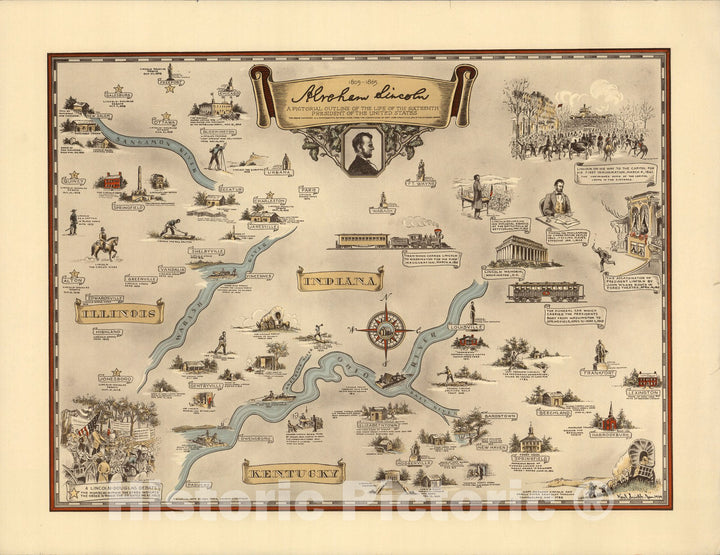 Historic Map : Abraham Lincoln, 1809-1865. Indiana, Kentucky, Illinois ...