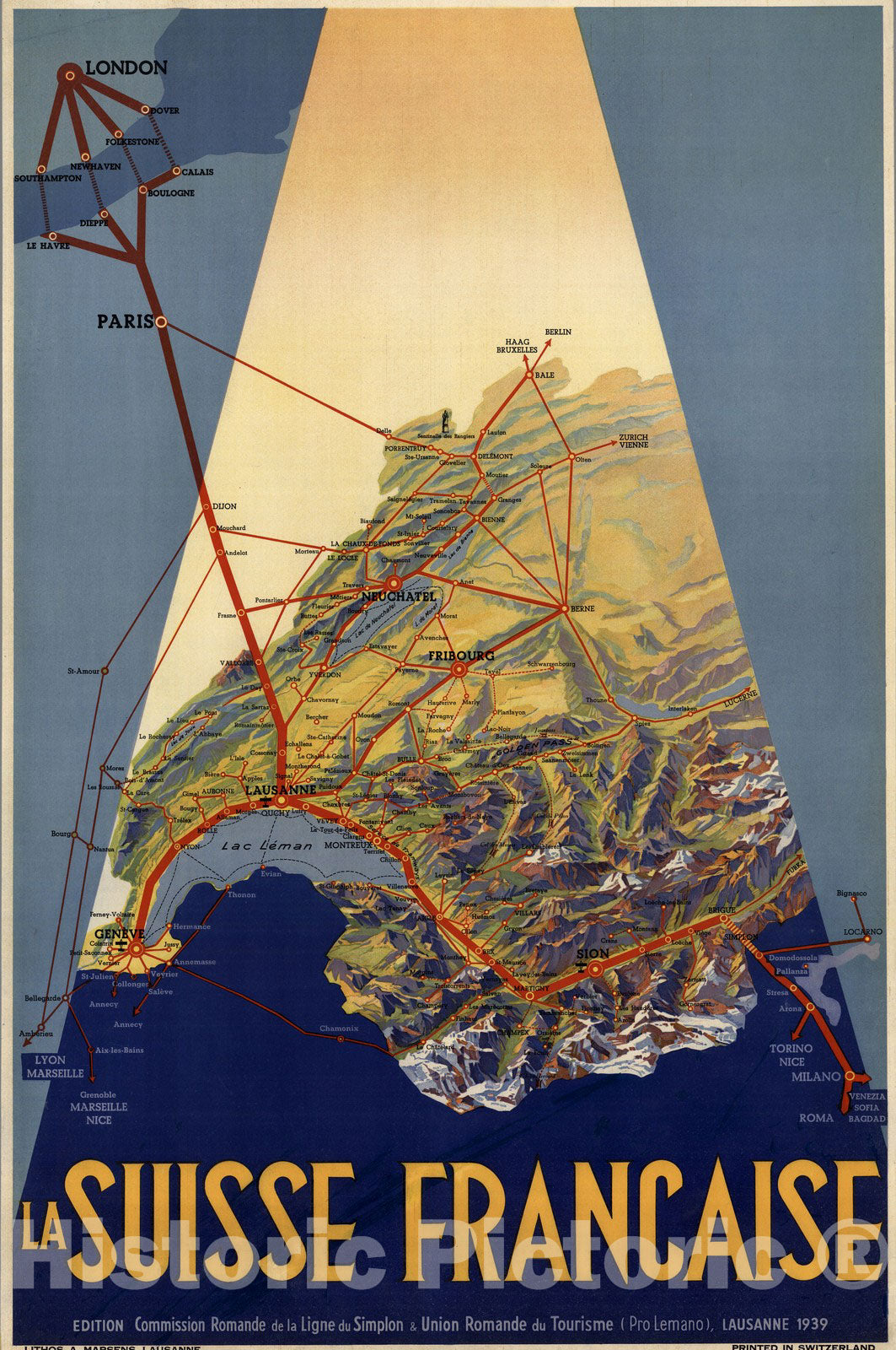 Historic Map : Railroads of French Speaking Switzerland. 1939 - Vintag ...