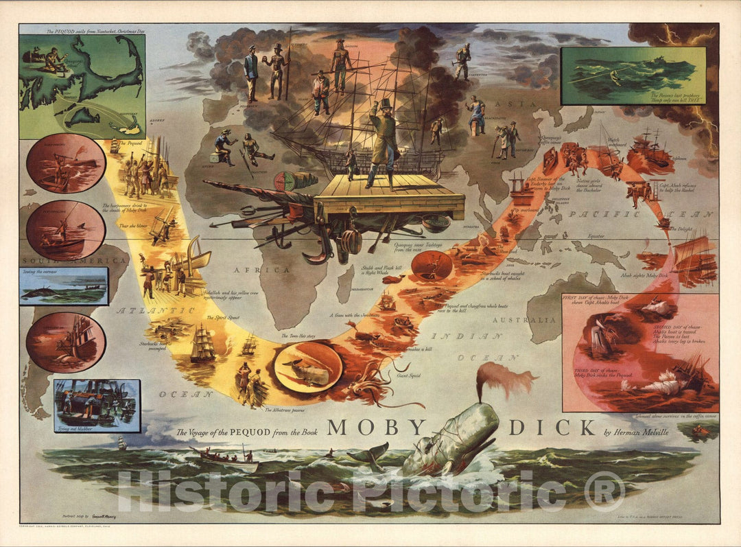 Historic Map : The Voyage of the Pequod from the Book Moby Dck by Herm ...