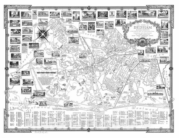 Dedham Massachusetts Pictorial Map 1935 Print | Historic Pictoric