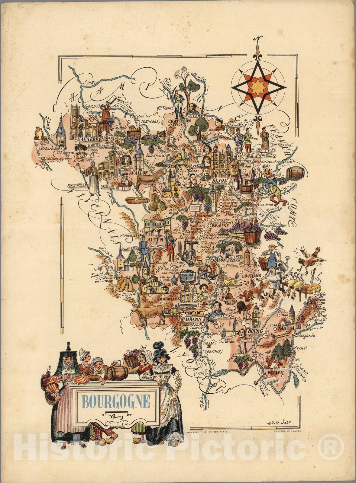 Historic Wall Map : France, Bourgogne. Jacques Liozu 1951 , Vintage Wa ...