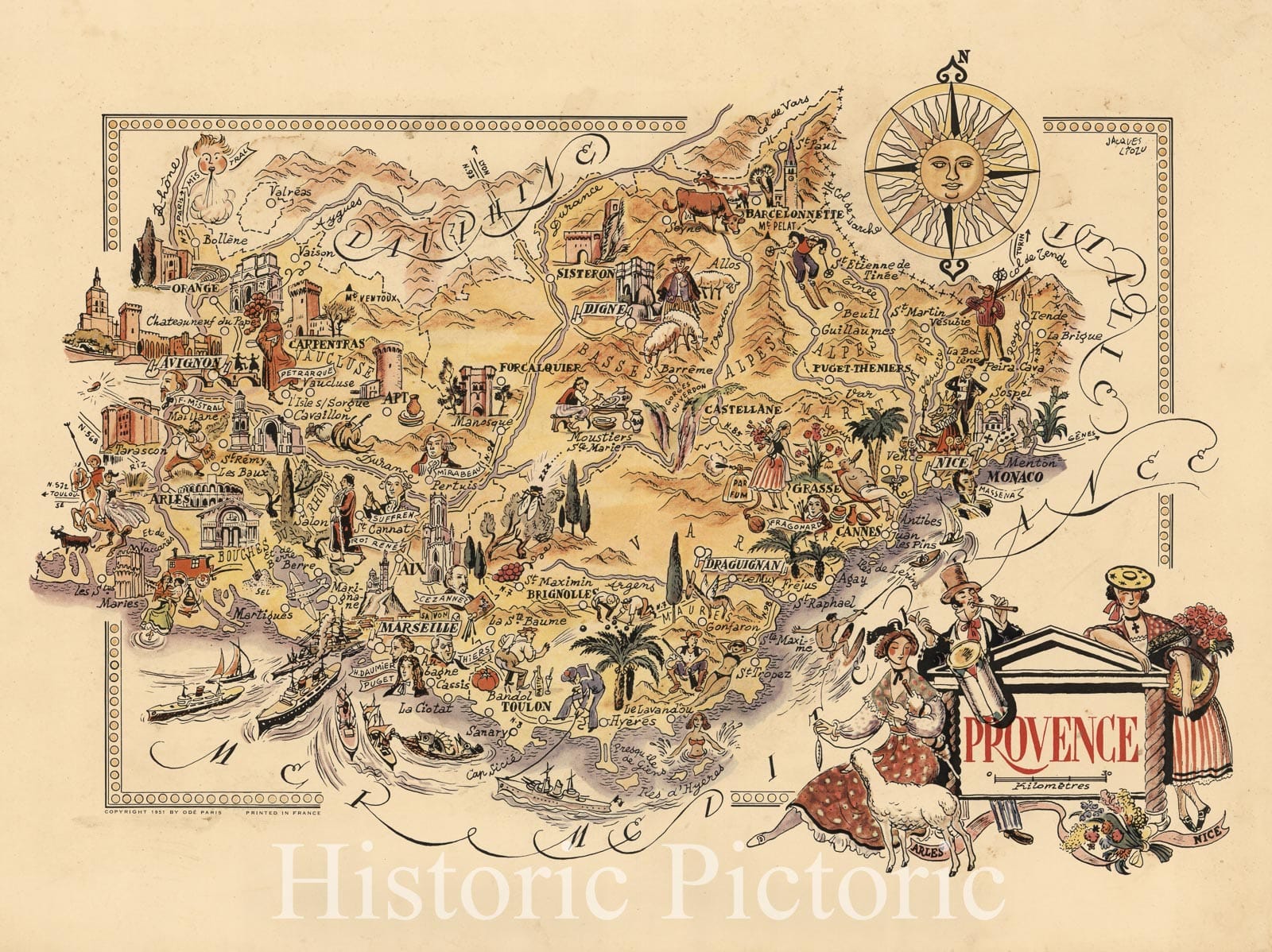 Provence France Pictorial Map 1951 Historical Print – Historic Pictoric