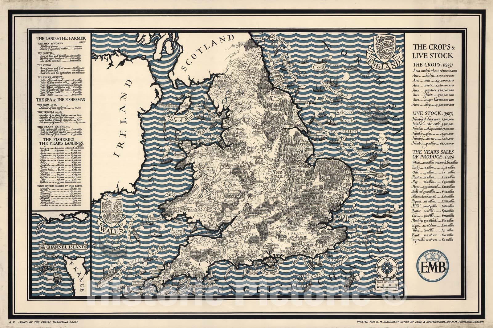 Historic Map : England. The Crops & Live Stock Land Fisheries. 1928 ...