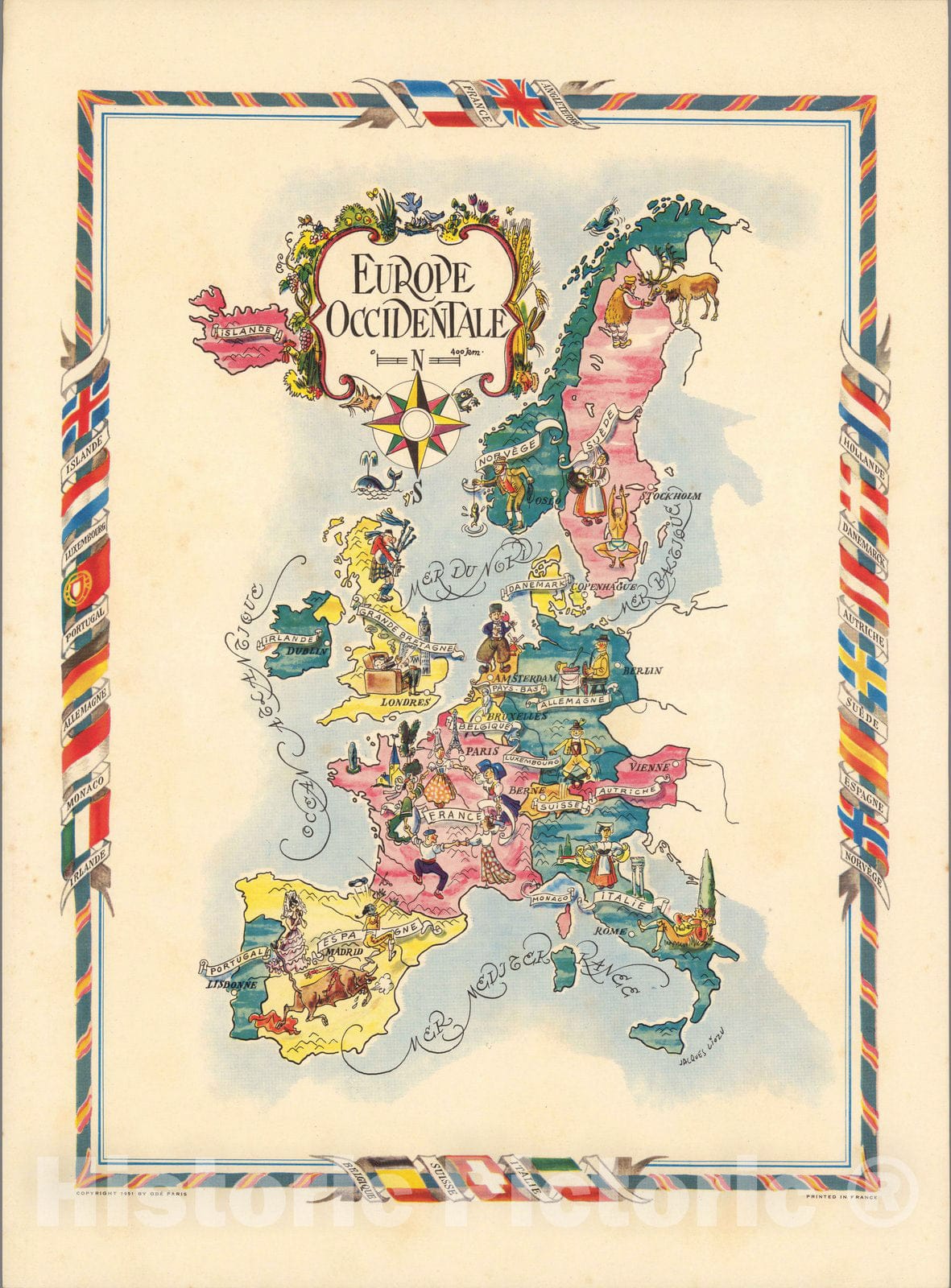 Historic Map : Europe, Western Europe : Occidentale 1951 , Vintage Wal ...