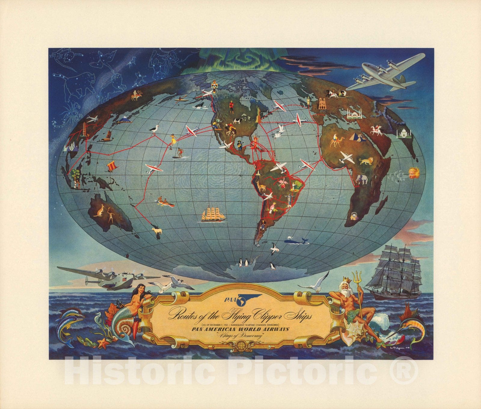 Historic Map : Routes of the Flying Clipper Ships. 1941 v2 - Vintage W ...