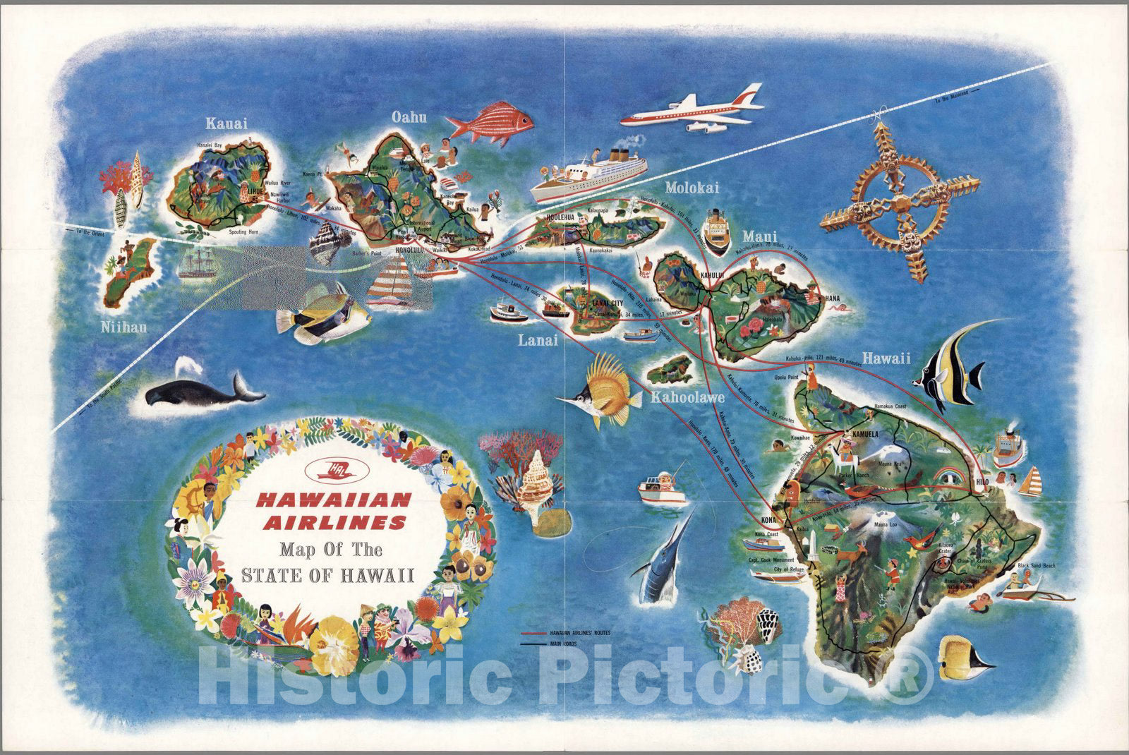 Historic Wall Map : Hawaiian Airlines Map of the State of Hawaii, 1963 ...