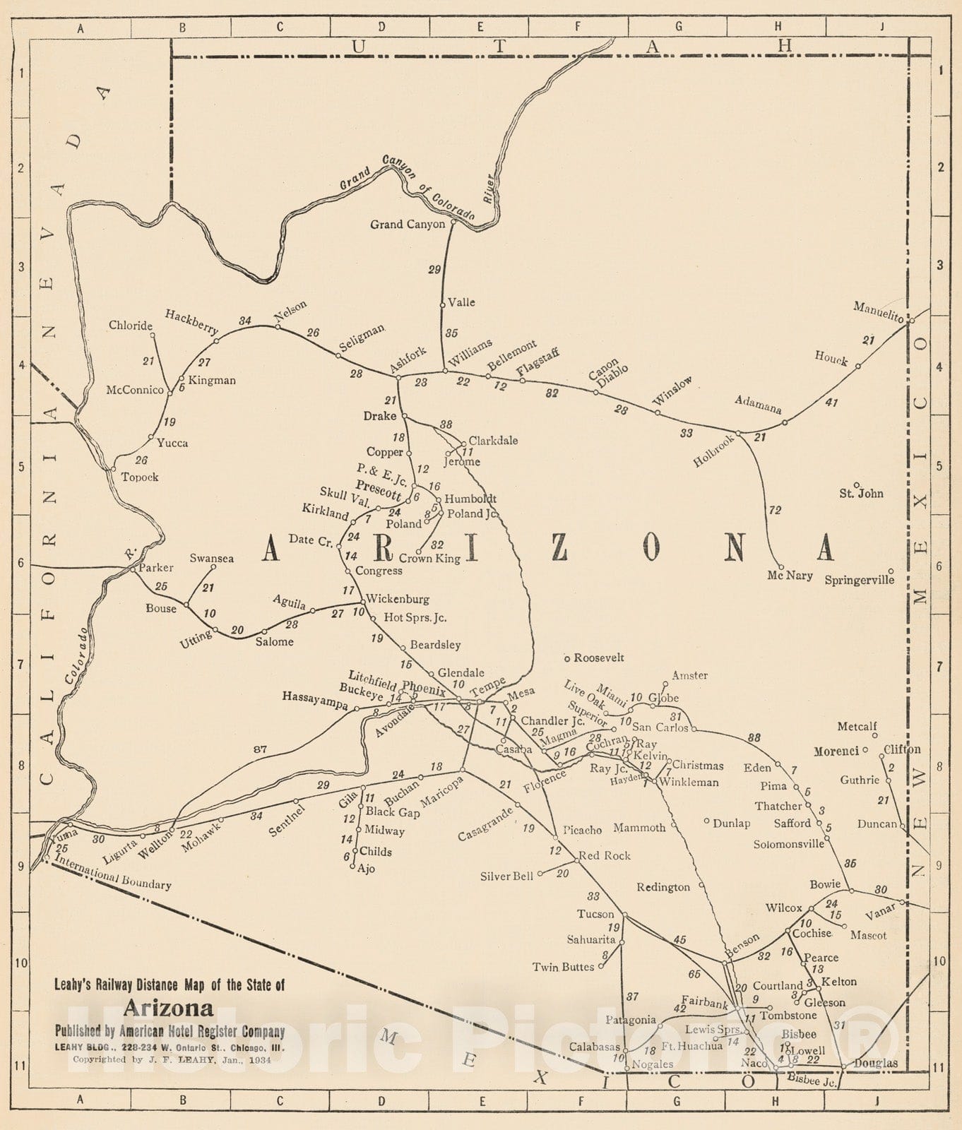 Historic Map - Railway Distance Map of the State of Arizona, 1934 - Vi ...