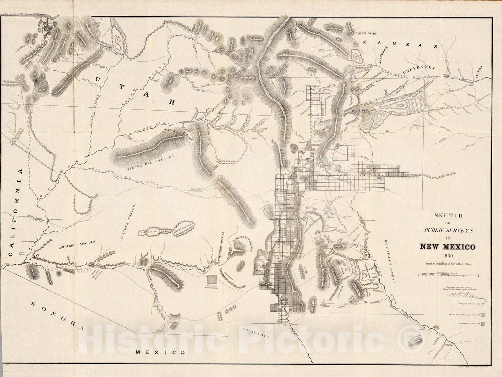 Historic Wall Map : Sketch of Public Surveys in New Mexico 1860 - Vint ...
