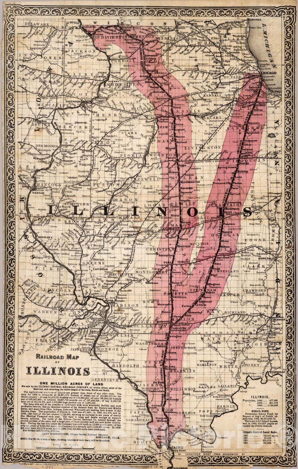 Historic Wall Map : Railroad Map of Illinois, 1864 - Vintage Wall Art ...