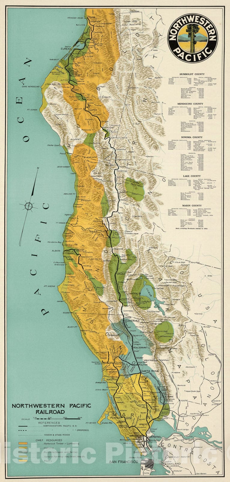 Historic Map - Northwestern Pacific 1913, Historic Map - Vintage Wall ...