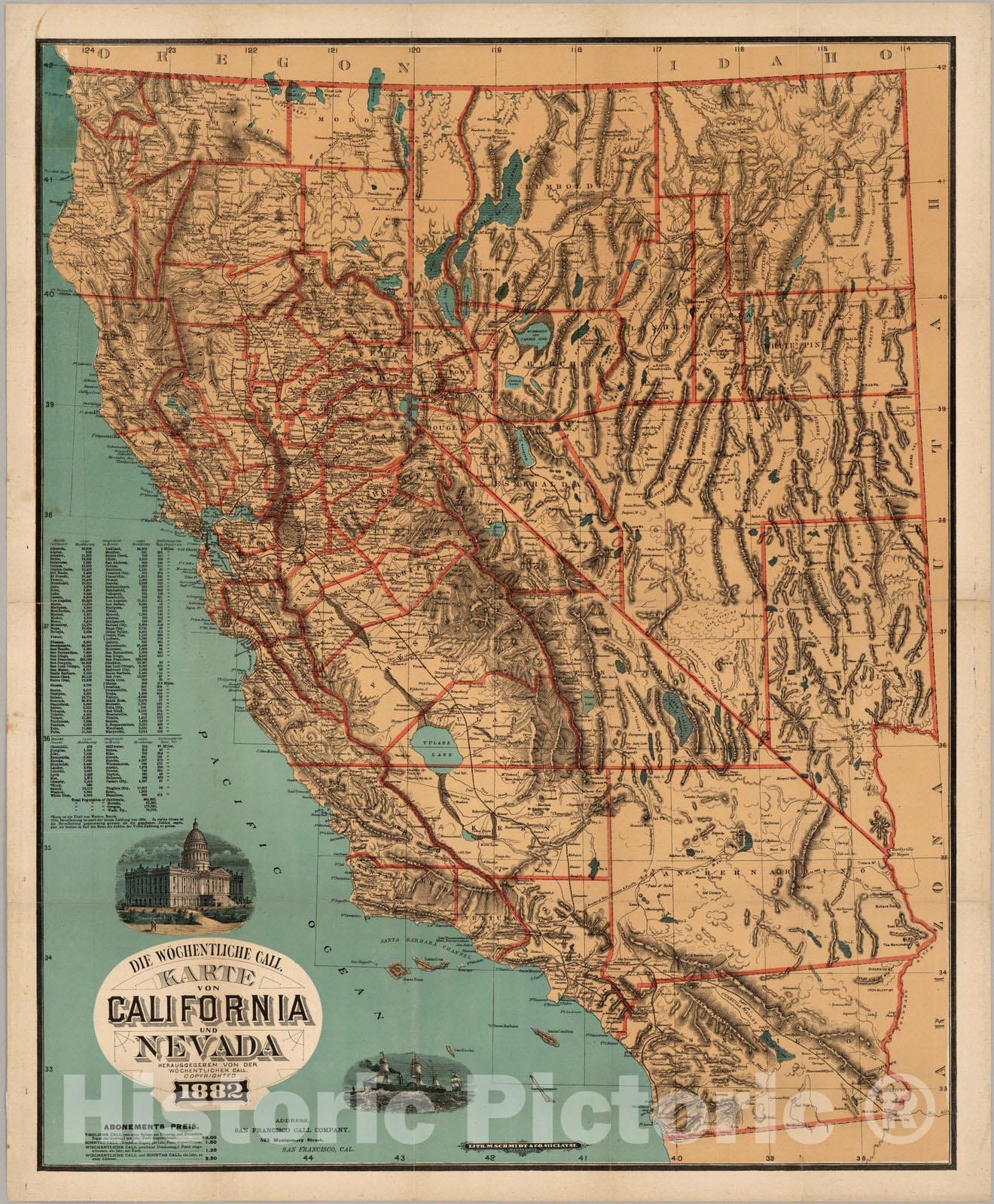 Historic Map : California, Karte Von California und Nevada 1882 , Vint ...