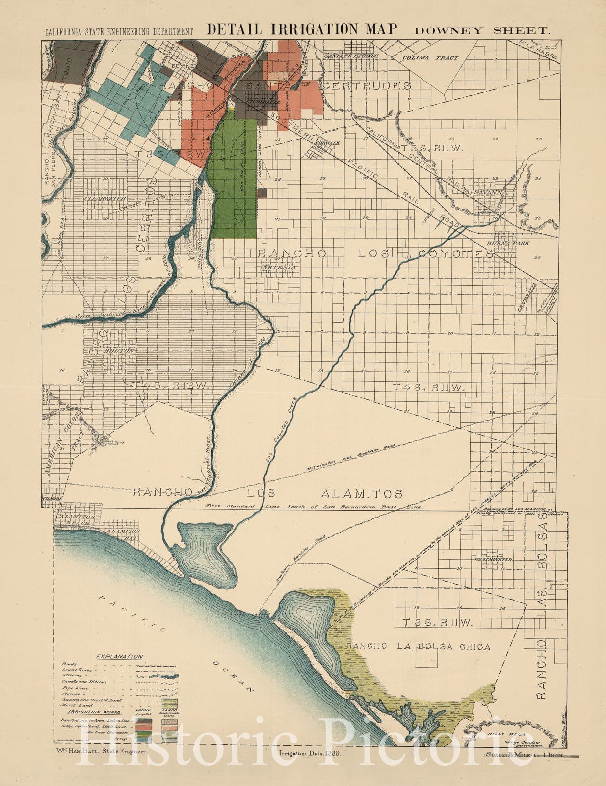 Historic Map : Downey. Detail Irrigation Map, 1888 - Vintage Wall Art ...
