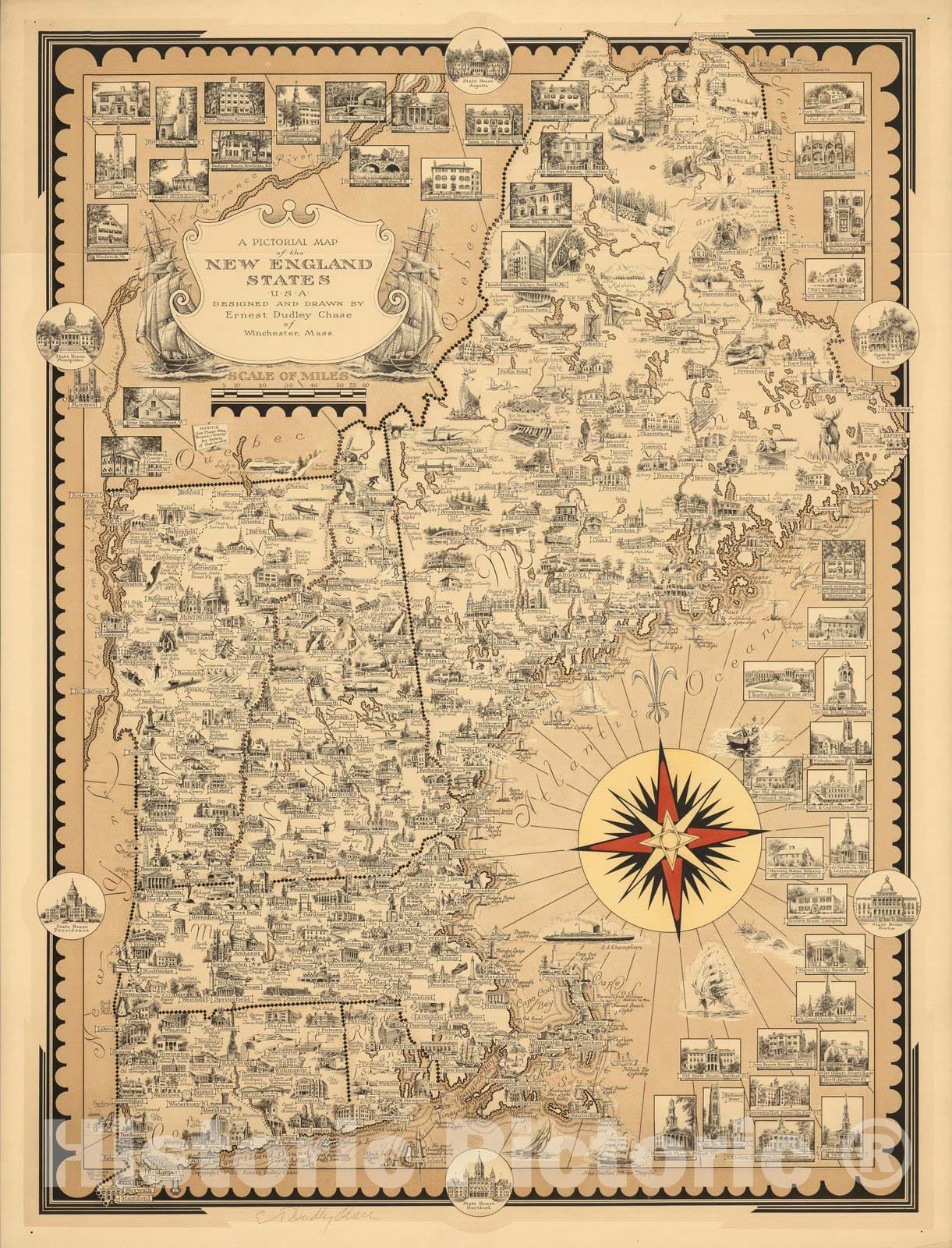 Historic Map : Pictorial Map of the New England States U.S.A, 1939 - V ...