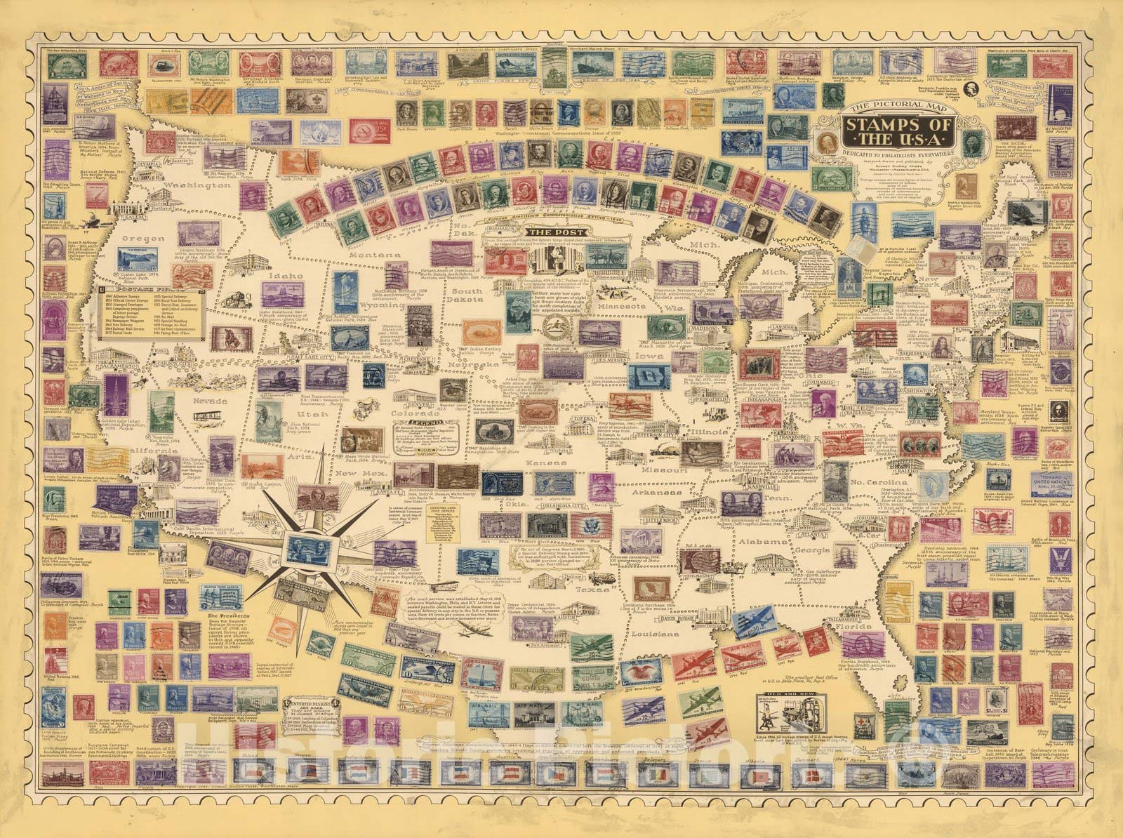 Historic Map : The Pictorial Map, Stamps of the U.S.A, 1947 - Vintage ...