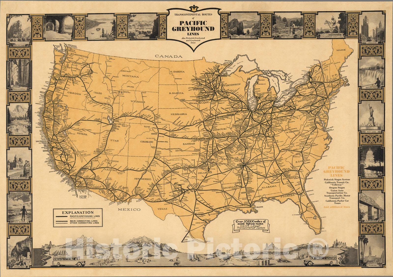 Historic Map : Transcontinental routes of Pacific Greyhound Lines 1935 ...