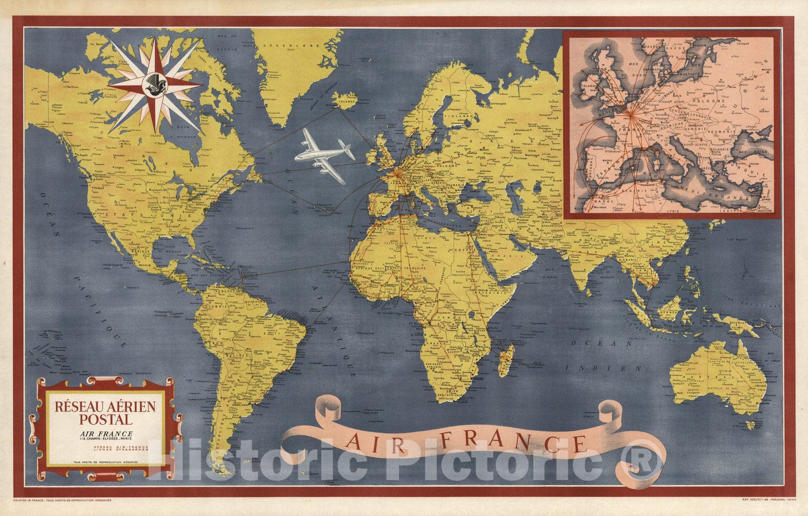 Historic Map : Air France. Reseau Aerien Postal. Printed in France. Re ...