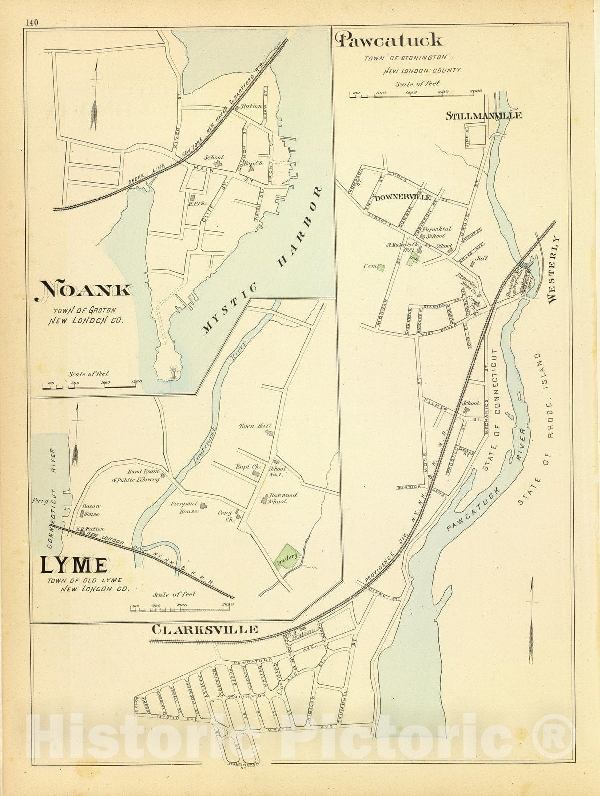 Historic Map : State Atlas Map, Pawcatuck, Noank, Lyme. 1893 - Vintage ...