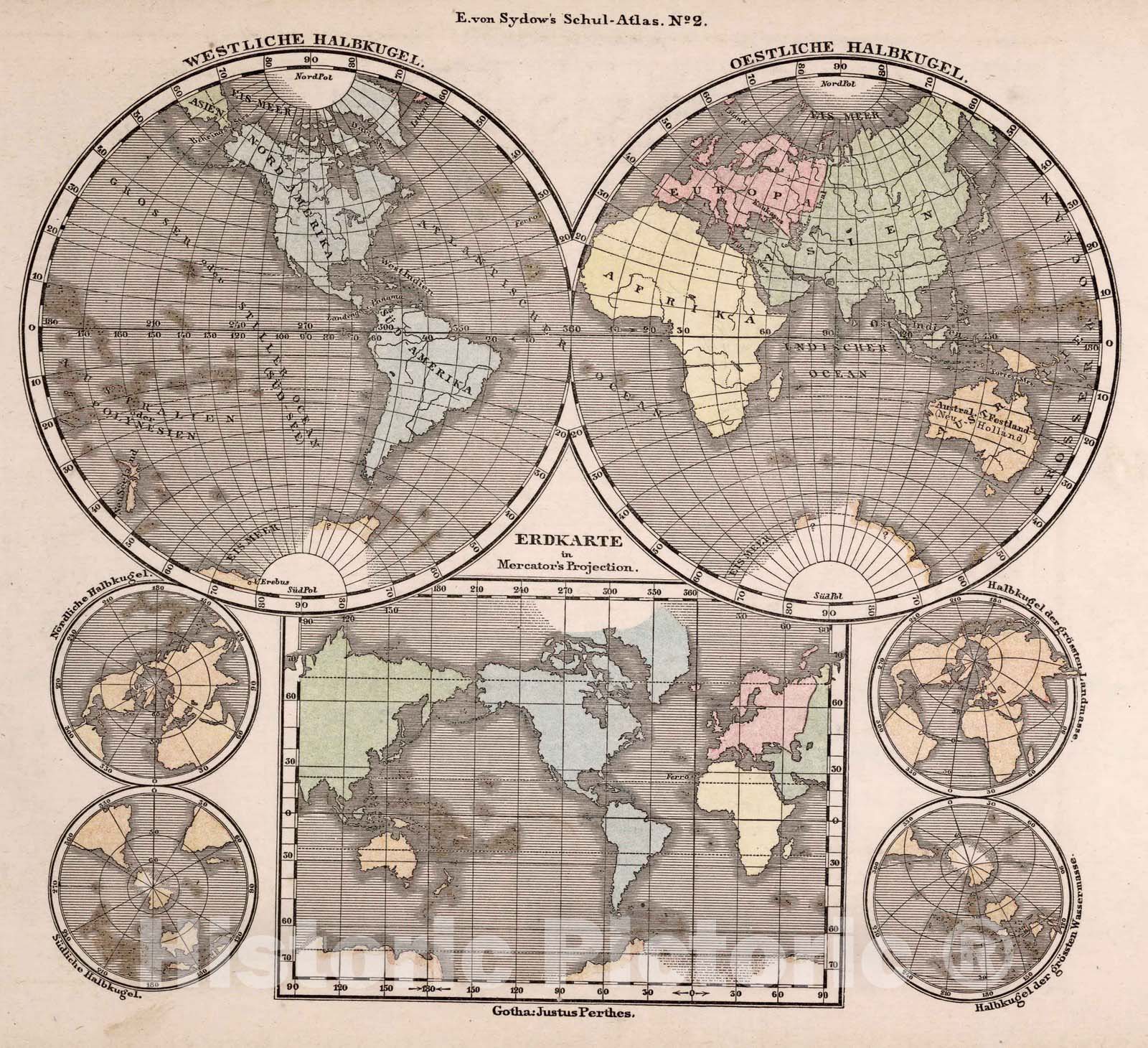 Historic Map : School Atlas Map, 2. Erdkarte. Earth. 1872 - Vintage Wa ...