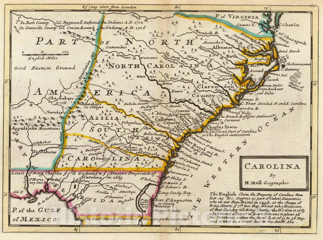Historic Map : World Atlas Map, Carolina. 1736 - Vintage Wall Art ...