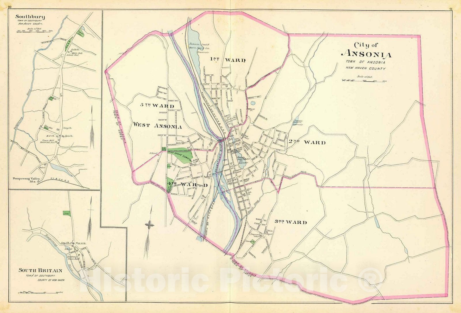 Historic Map : State Atlas Map, Ansonia, Southbury, S. Britain. 1893 ...