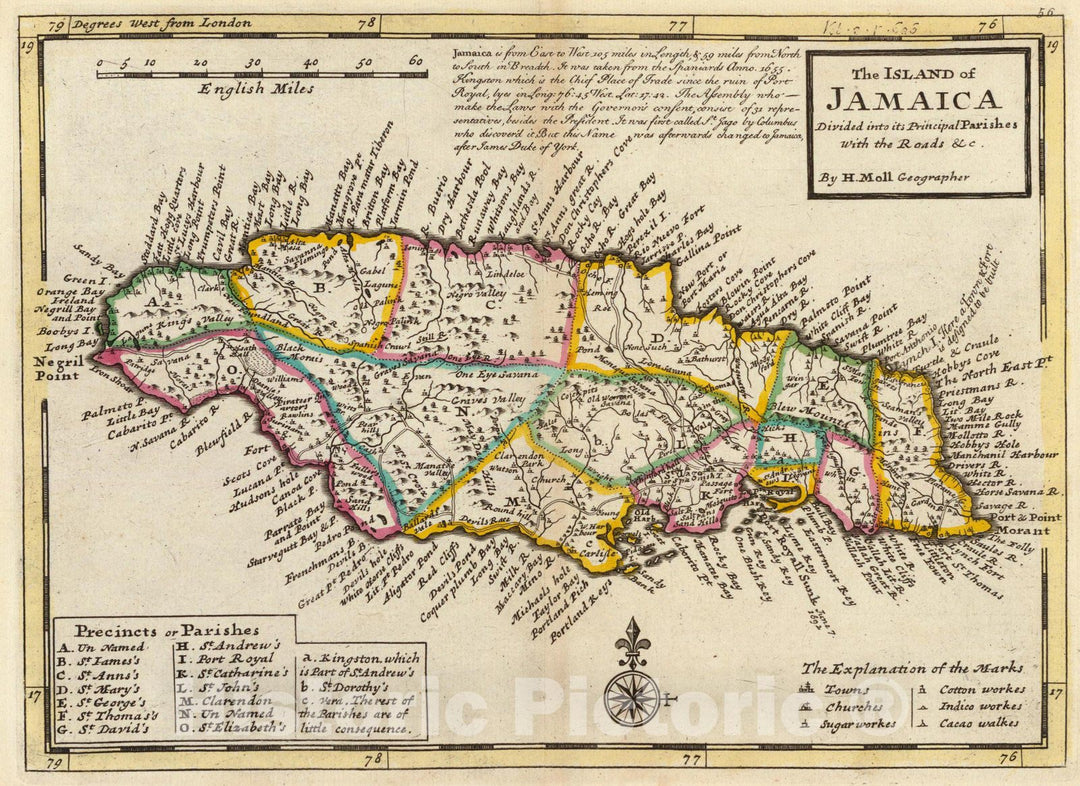 Historic Map : World Atlas Map, Island of Jamaica. 1736 - Vintage Wall ...
