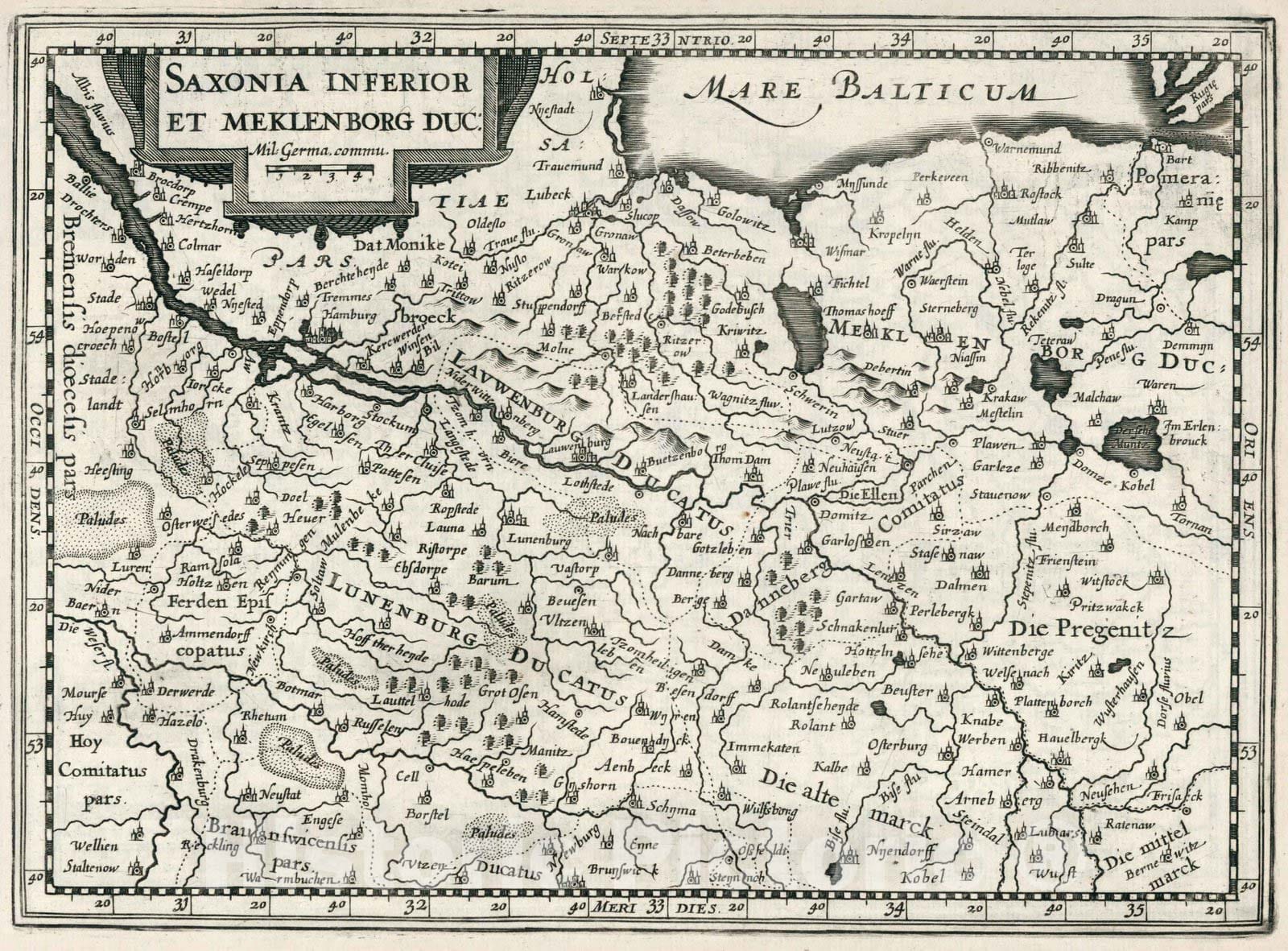 Historic Wall Map : Germany,Saxonia Inferior Et Meklenborg Duc. 1636 ...