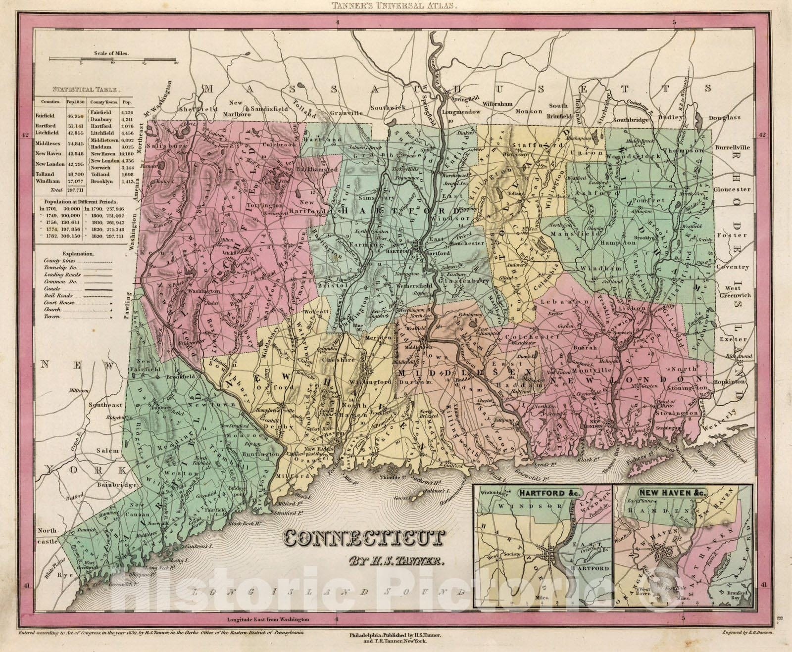 Historic Map : World Atlas Map, Connecticut. 1839 - Vintage Wall Art ...