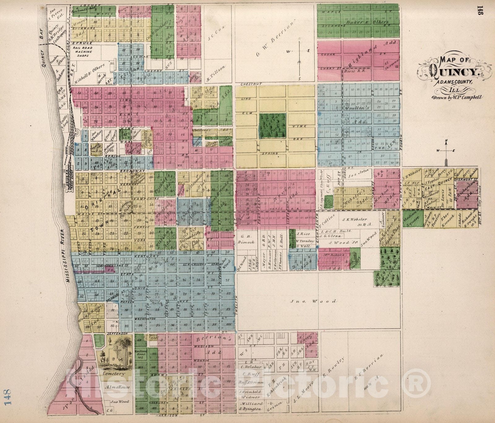 Historic Map - Atlas Map, Quincy, Adams County, Illinois. 1872, - Vint ...