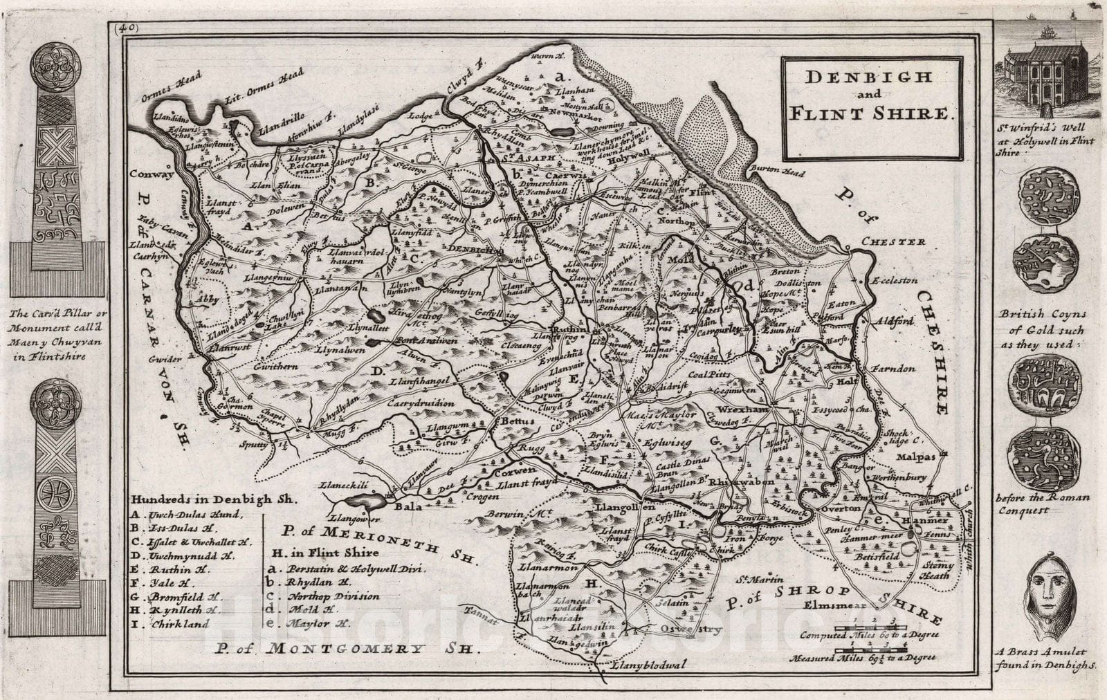 Historic Map : Denbigh and Flint Shire. By H. Moll Geographer 1724 - V ...