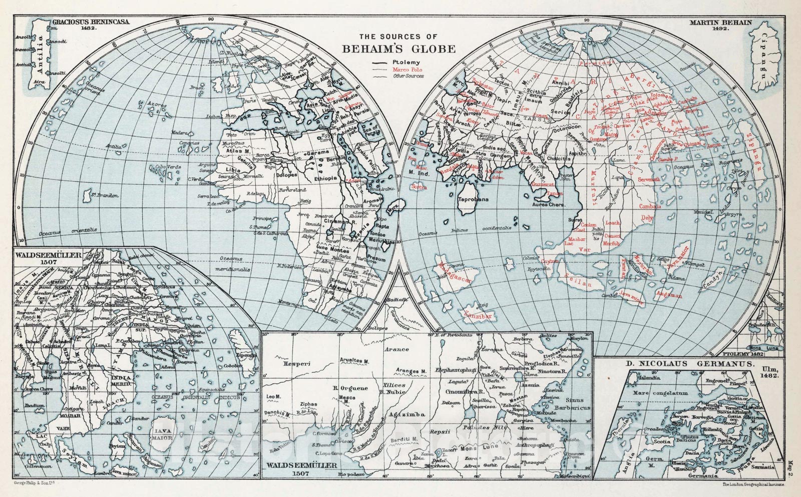 Historic Map - Map 2. The Sources of Behaim's Globe, 1908 - Vintage Wa ...