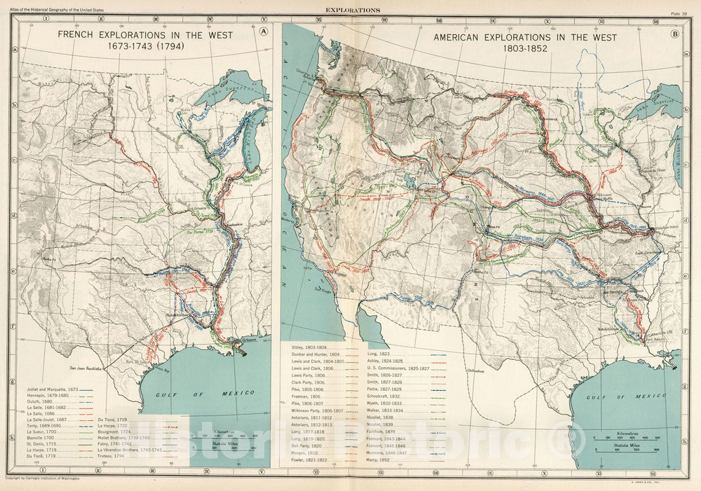 Historic Map - Historical Atlas Map, Plate 39. Explorers. French and A ...