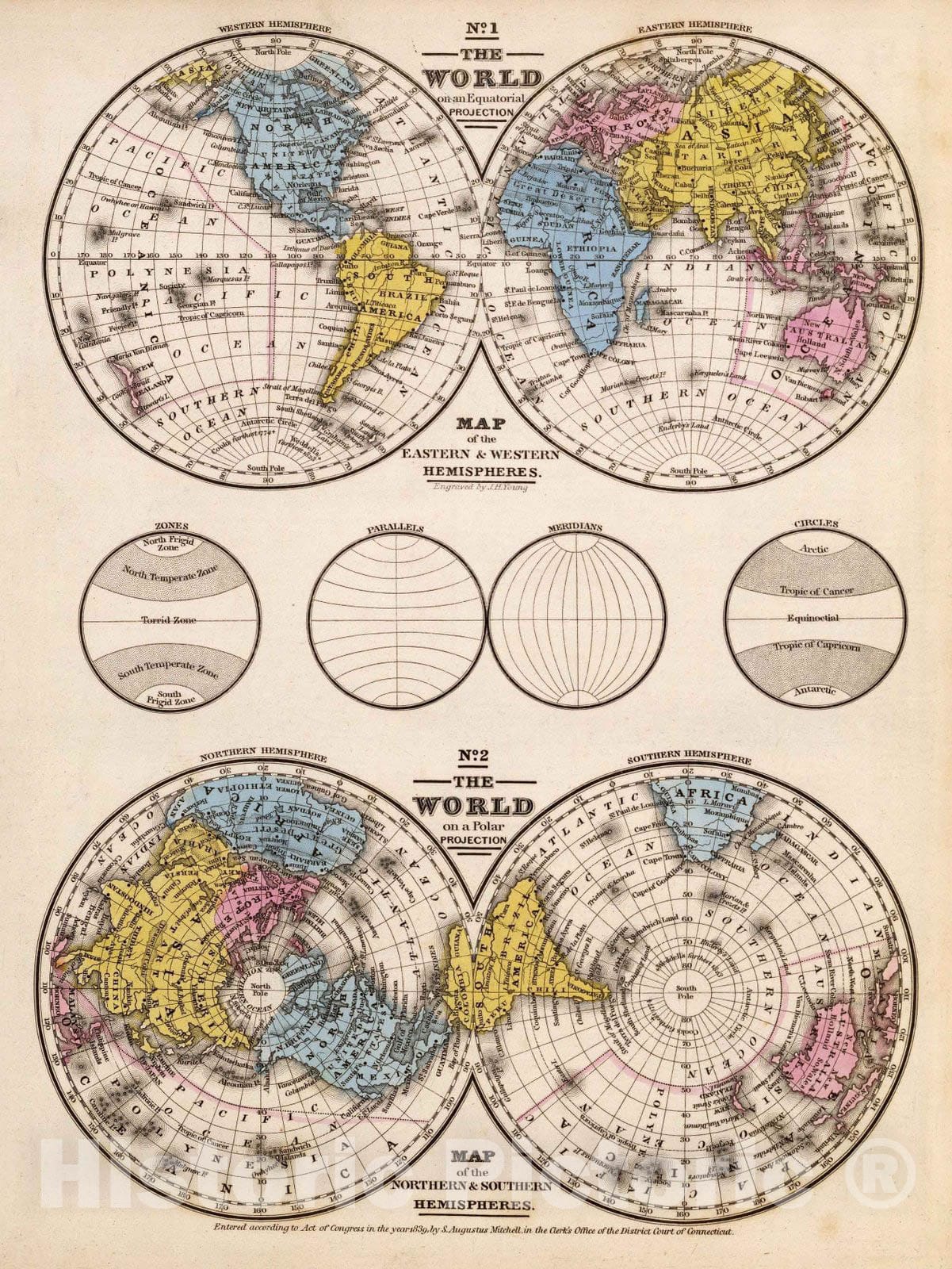 Historic Map : School Atlas Map, World Equatorial Projection and Polar ...