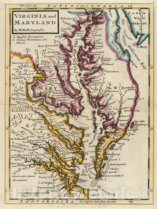 Historic Map : World Atlas Map, Virginia and Maryland. 1736 - Vintage ...