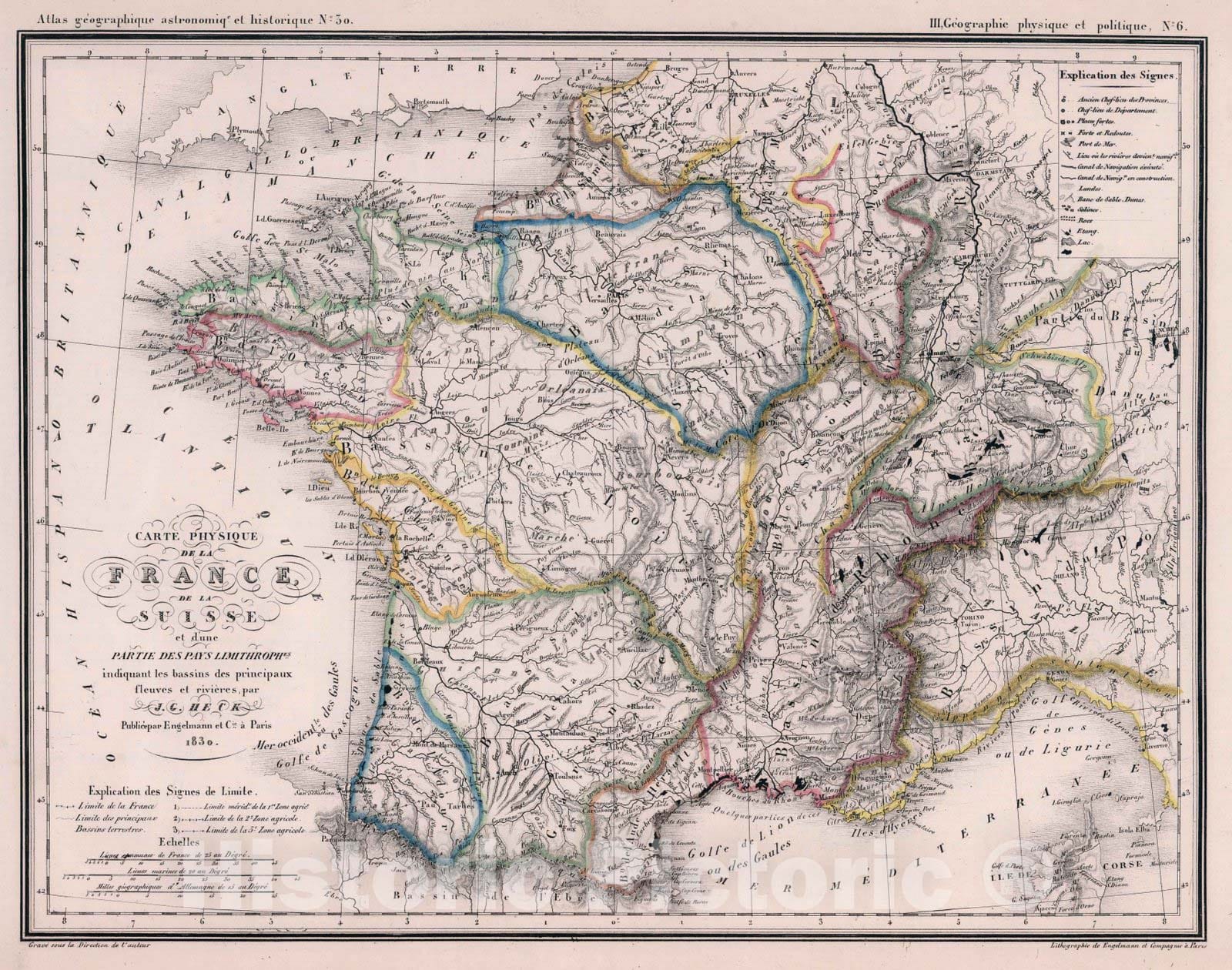 Historic Map : France,30. Carte Physique de la France de la Suisse. 18 ...
