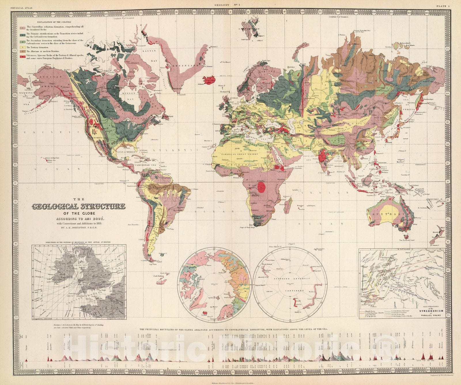 Historic Map : Physical Atlas Map, Geological structure of globe. 1856 ...