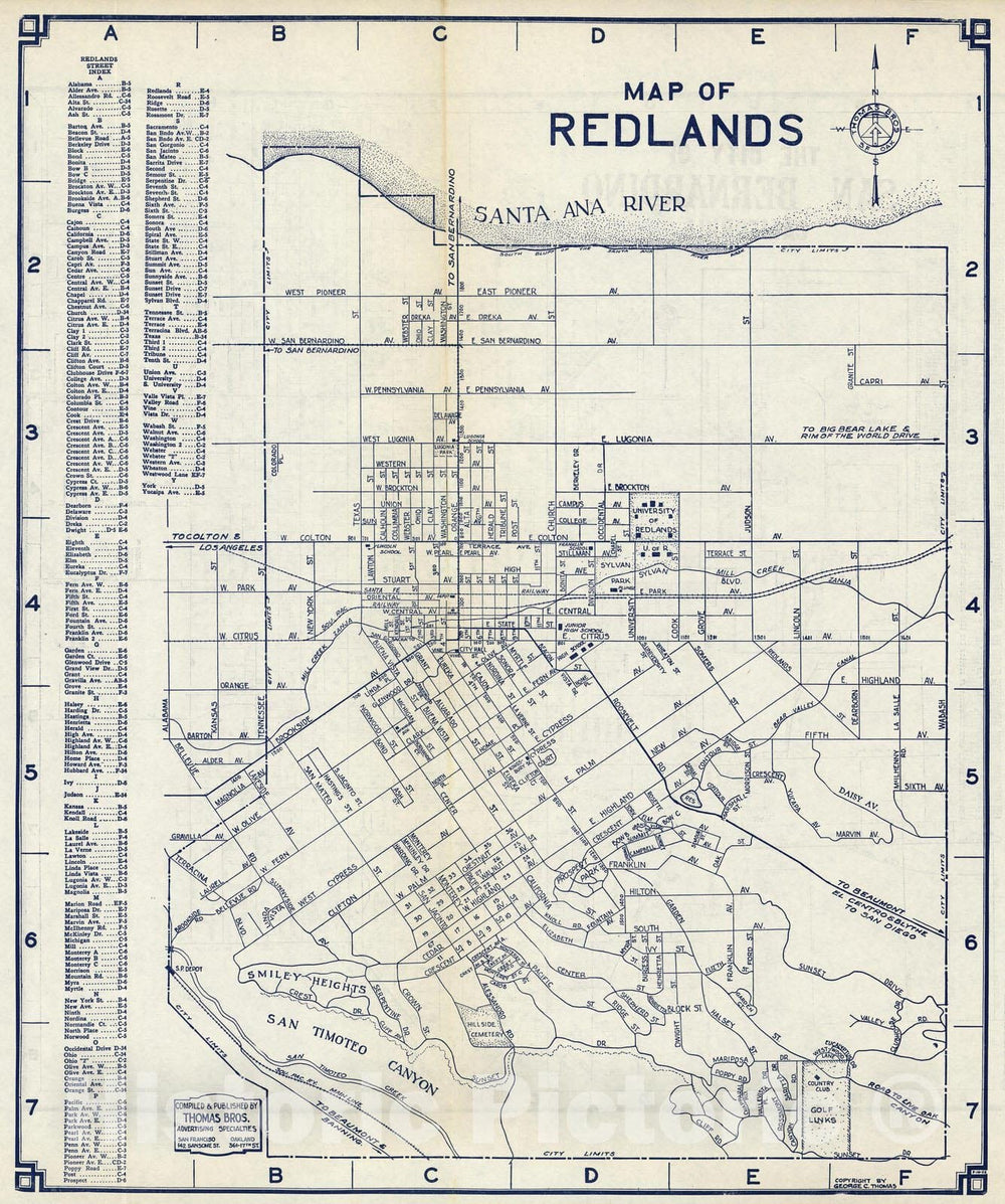 Map of Redlands, California, 1938 - Vintage Wall Art – Historic Pictoric