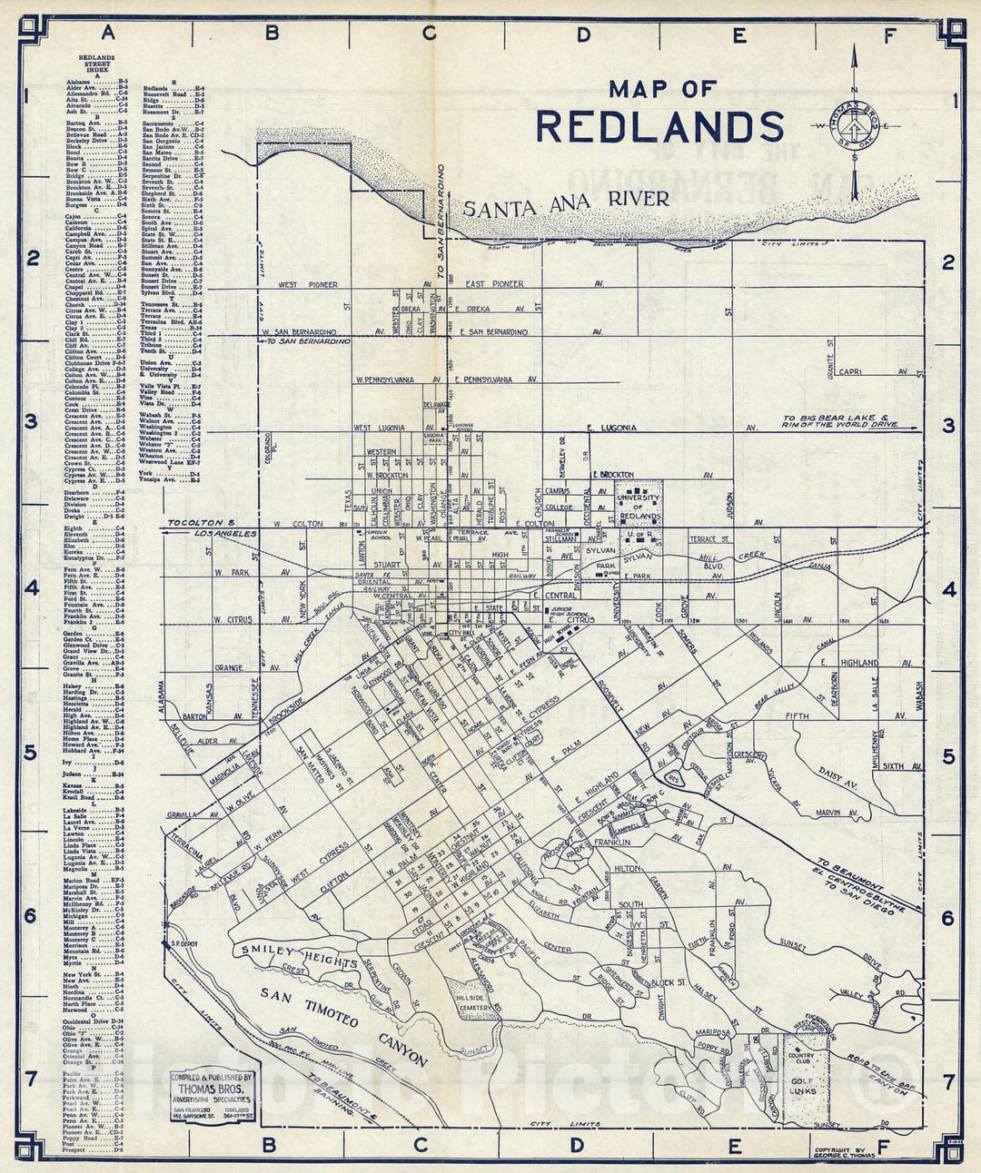 Map of Redlands, California, 1938 - Vintage Wall Art – Historic Pictoric